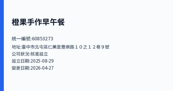 橙果手作早午餐的照片-統編 60853273(臺中市) 公司登記資料與營業項目詳細圖表