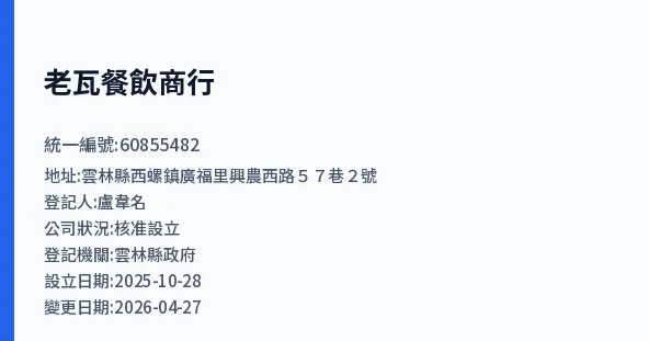 老瓦餐飲商行的照片-統編 60855482(雲林縣) 公司登記資料與營業項目詳細圖表