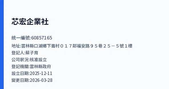 芯宏企業社的照片-統編 60857165(雲林縣) 公司登記資料與營業項目詳細圖表