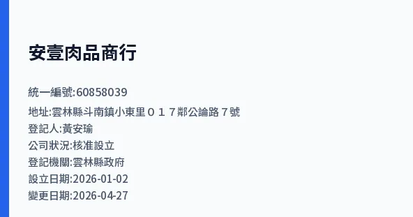 安壹肉品商行的照片-統編 60858039(雲林縣) 公司登記資料與營業項目詳細圖表