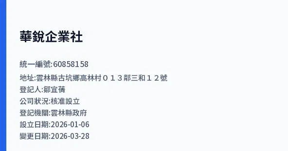 華銳企業社的照片-統編 60858158(雲林縣) 公司登記資料與營業項目詳細圖表