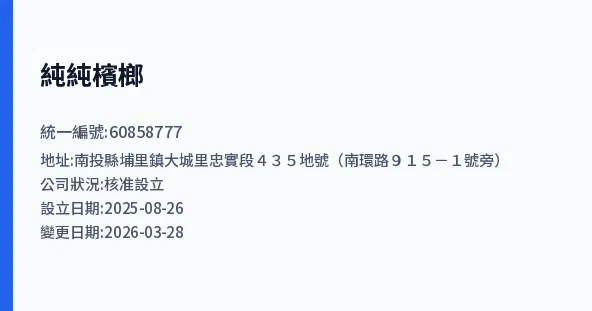 純純檳榔的照片-統編 60858777(南投縣) 公司登記資料與營業項目詳細圖表