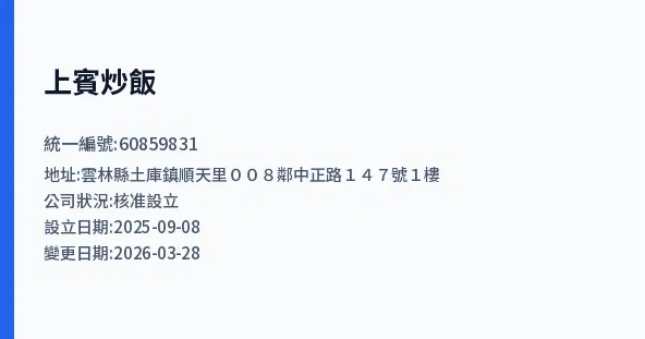 上賓炒飯的照片-統編 60859831(雲林縣) 公司登記資料與營業項目詳細圖表