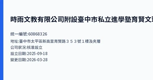 時雨文教有限公司附設臺中市私立進學塾育賢文理短期補習班的照片-統編 60868326(臺中市) 公司登記資料與營業項目詳細圖表