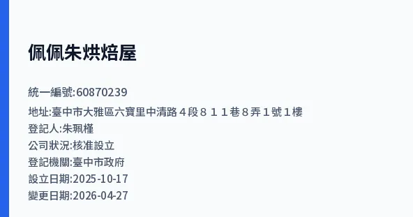 佩佩朱烘焙屋的照片-統編 60870239(臺中市) 公司登記資料與營業項目詳細圖表