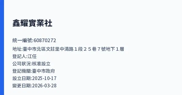 鑫耀實業社的照片-統編 60870272(臺中市) 公司登記資料與營業項目詳細圖表