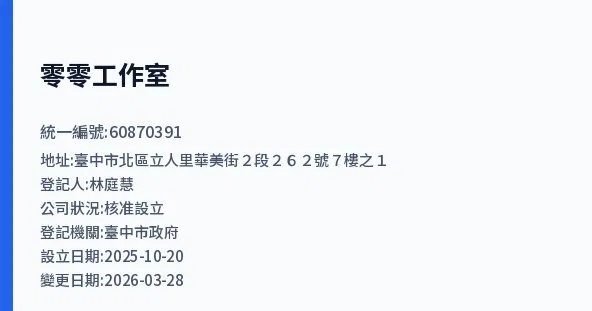 零零工作室的照片-統編 60870391(臺中市) 公司登記資料與營業項目詳細圖表