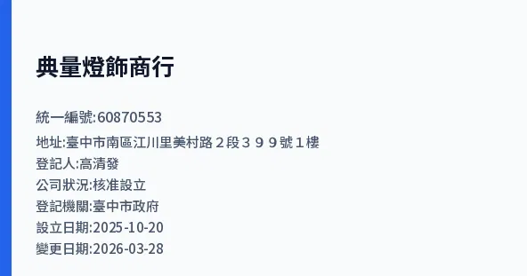 典量燈飾商行的照片-統編 60870553(臺中市) 公司登記資料與營業項目詳細圖表