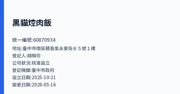黑貓焢肉飯的照片-統編 60870934(臺中市) 公司登記資料與營業項目詳細圖表