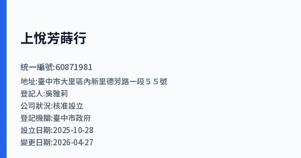上悅芳蒔行的照片-統編 60871981(臺中市) 公司登記資料與營業項目詳細圖表