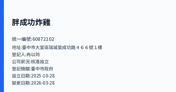 胖成功炸雞的照片-統編 60872102(臺中市) 公司登記資料與營業項目詳細圖表