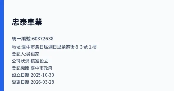 忠泰車業的照片-統編 60872638(臺中市) 公司登記資料與營業項目詳細圖表