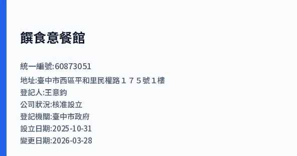 饌食意餐館的照片-統編 60873051(臺中市) 公司登記資料與營業項目詳細圖表