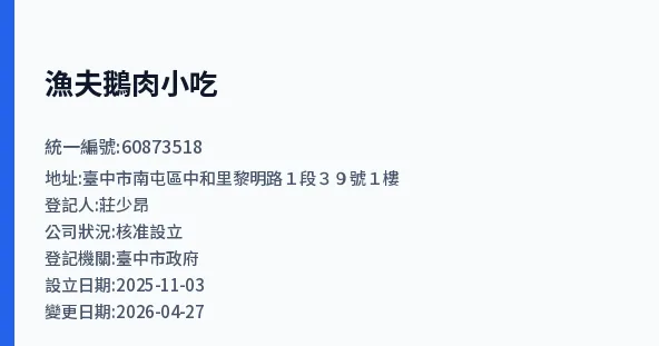 漁夫鵝肉小吃的照片-統編 60873518(臺中市) 公司登記資料與營業項目詳細圖表