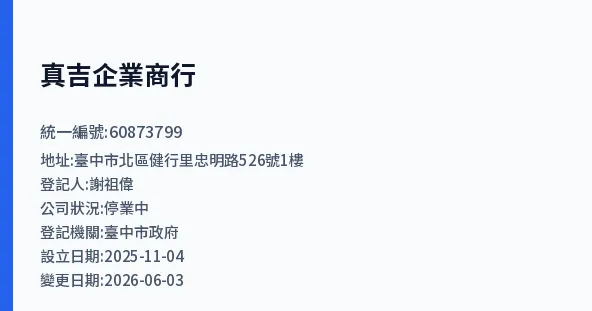 真吉企業商行的照片-統編 60873799(臺中市) 公司登記資料與營業項目詳細圖表