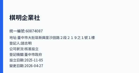 棋明企業社的照片-統編 60874087(臺中市) 公司登記資料與營業項目詳細圖表