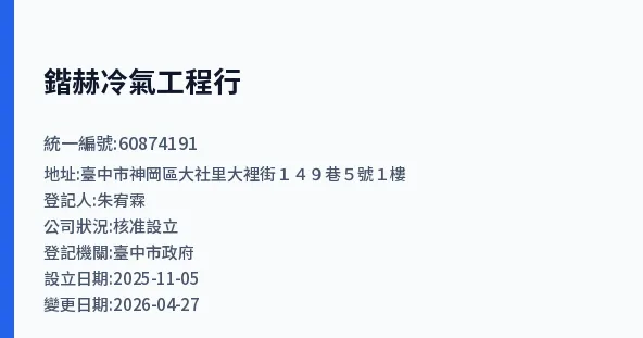 鍇赫冷氣工程行的照片-統編 60874191(臺中市) 公司登記資料與營業項目詳細圖表