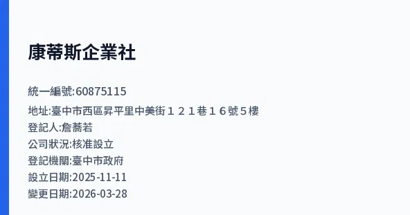 康蒂斯企業社的照片-統編 60875115(臺中市) 公司登記資料與營業項目詳細圖表