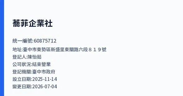 蕎菲企業社的照片-統編 60875712(臺中市) 公司登記資料與營業項目詳細圖表