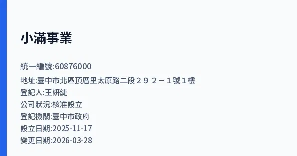 小滿事業的照片-統編 60876000(臺中市) 公司登記資料與營業項目詳細圖表