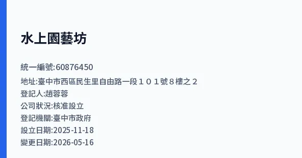 水上園藝坊的照片-統編 60876450(臺中市) 公司登記資料與營業項目詳細圖表