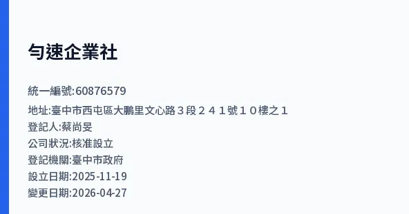 勻速企業社的照片-統編 60876579(臺中市) 公司登記資料與營業項目詳細圖表