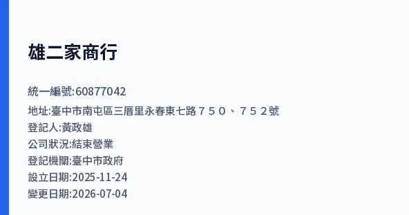 雄二家商行的照片-統編 60877042(臺中市) 公司登記資料與營業項目詳細圖表