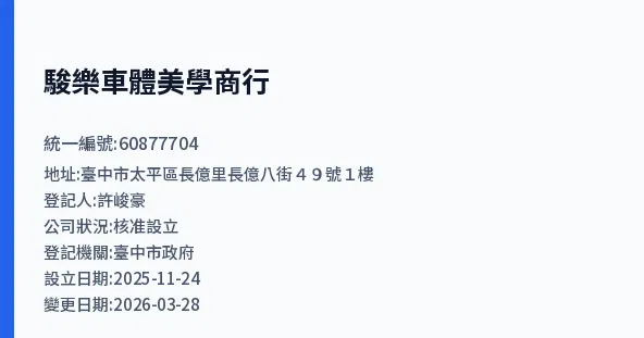 駿樂車體美學商行的照片-統編 60877704(臺中市) 公司登記資料與營業項目詳細圖表