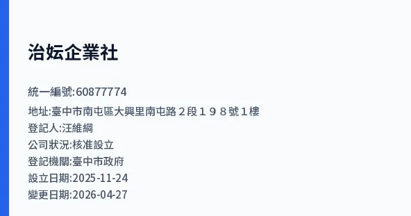 治妘企業社的照片-統編 60877774(臺中市) 公司登記資料與營業項目詳細圖表