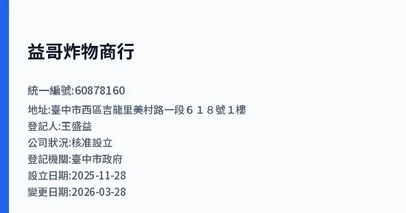 益哥炸物商行的照片-統編 60878160(臺中市) 公司登記資料與營業項目詳細圖表