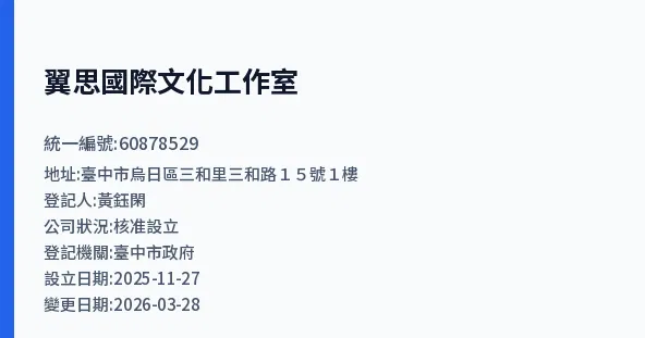 翼思國際文化工作室的照片-統編 60878529(臺中市) 公司登記資料與營業項目詳細圖表
