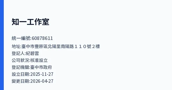 知一工作室的照片-統編 60878611(臺中市) 公司登記資料與營業項目詳細圖表