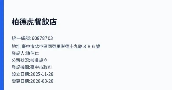 柏德虎餐飲店的照片-統編 60878703(臺中市) 公司登記資料與營業項目詳細圖表