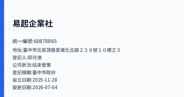 易起企業社的照片-統編 60878865(臺中市) 公司登記資料與營業項目詳細圖表
