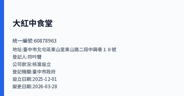 大紅中食堂的照片-統編 60878963(臺中市) 公司登記資料與營業項目詳細圖表