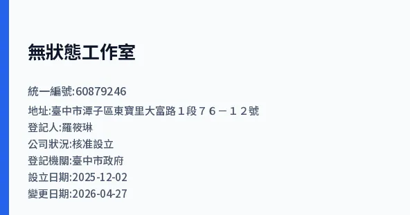 無狀態工作室的照片-統編 60879246(臺中市) 公司登記資料與營業項目詳細圖表