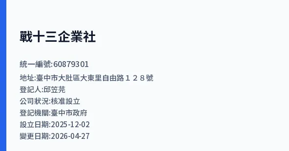 戰十三企業社的照片-統編 60879301(臺中市) 公司登記資料與營業項目詳細圖表