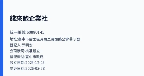錢來飽企業社的照片-統編 60880145(臺中市) 公司登記資料與營業項目詳細圖表