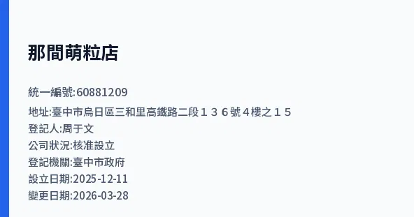 那間萌粒店的照片-統編 60881209(臺中市) 公司登記資料與營業項目詳細圖表