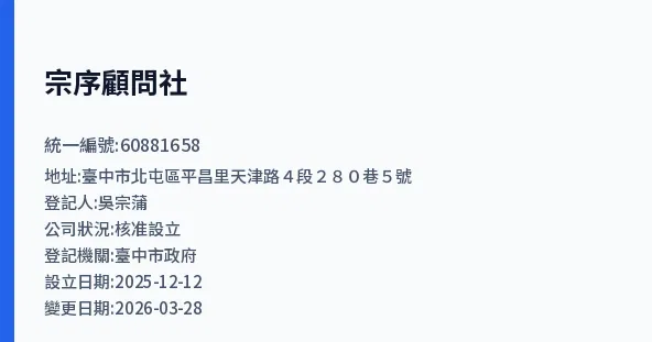 宗序顧問社的照片-統編 60881658(臺中市) 公司登記資料與營業項目詳細圖表