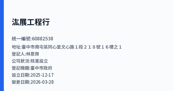 汯展工程行的照片-統編 60882538(臺中市) 公司登記資料與營業項目詳細圖表