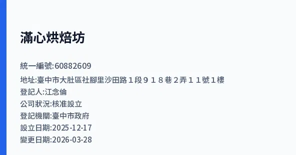 滿心烘焙坊的照片-統編 60882609(臺中市) 公司登記資料與營業項目詳細圖表