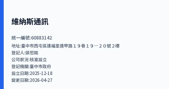 維納斯通訊的照片-統編 60883142(臺中市) 公司登記資料與營業項目詳細圖表
