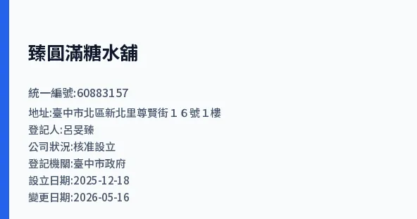 臻圓滿糖水舖的照片-統編 60883157(臺中市) 公司登記資料與營業項目詳細圖表