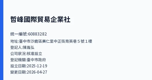 哲峰國際貿易企業社的照片-統編 60883282(臺中市) 公司登記資料與營業項目詳細圖表