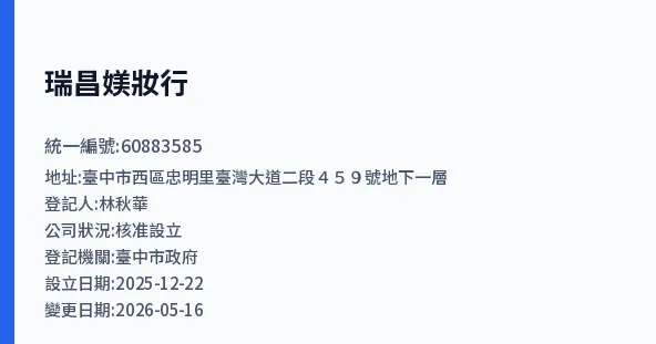 瑞昌媄妝行的照片-統編 60883585(臺中市) 公司登記資料與營業項目詳細圖表