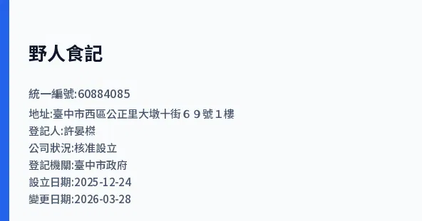 野人食記的照片-統編 60884085(臺中市) 公司登記資料與營業項目詳細圖表