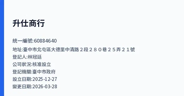 升仕商行的照片-統編 60884640(臺中市) 公司登記資料與營業項目詳細圖表