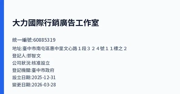 大力國際行銷廣告工作室的照片-統編 60885319(臺中市) 公司登記資料與營業項目詳細圖表