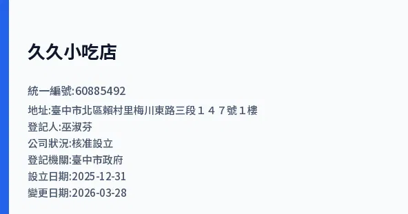 久久小吃店的照片-統編 60885492(臺中市) 公司登記資料與營業項目詳細圖表